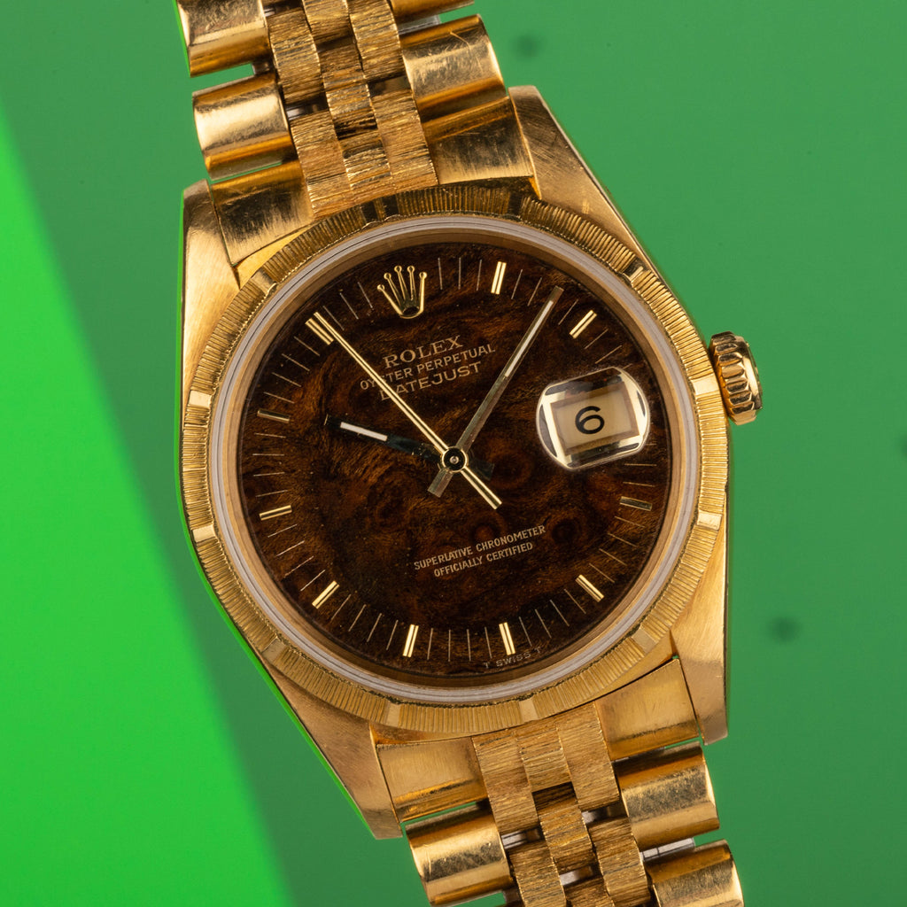 1993 Rolex 18K Yellow gold Datejust, bark finish, wood dial & Jubilee ...