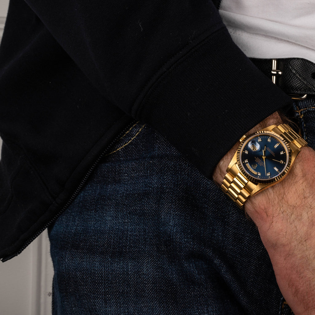 1989 Rolex YG Day-Date blue diamond dial ref 18238: Like NEW & FULL CO ...